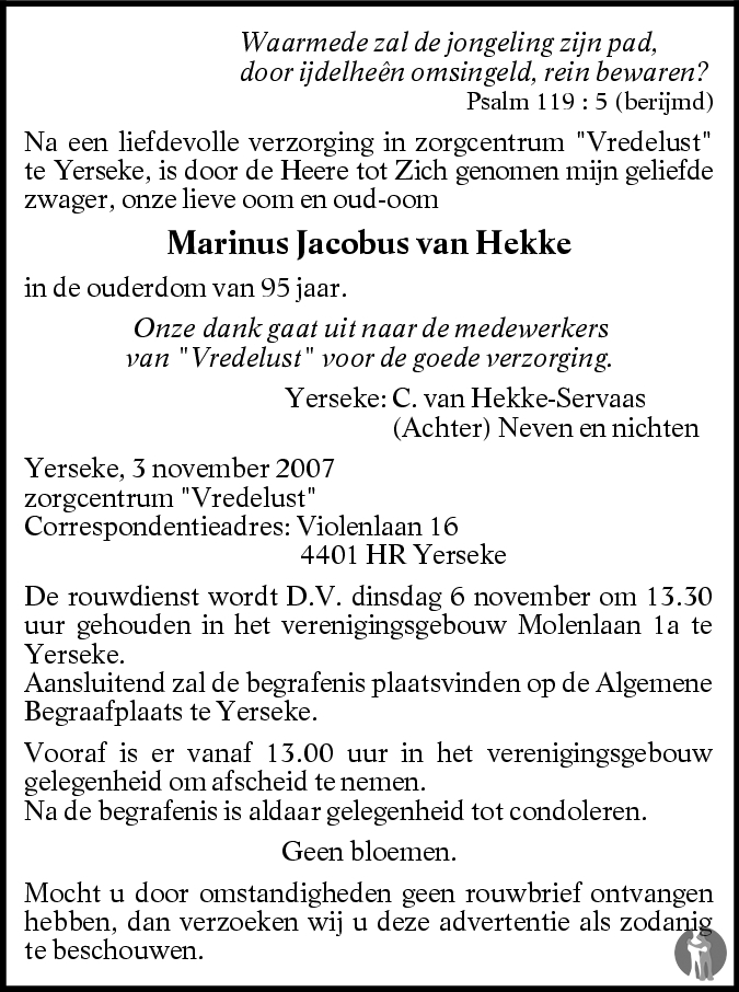 Marinus Jacobus van Hekke 03-11-2007 overlijdensbericht en condoleances ...