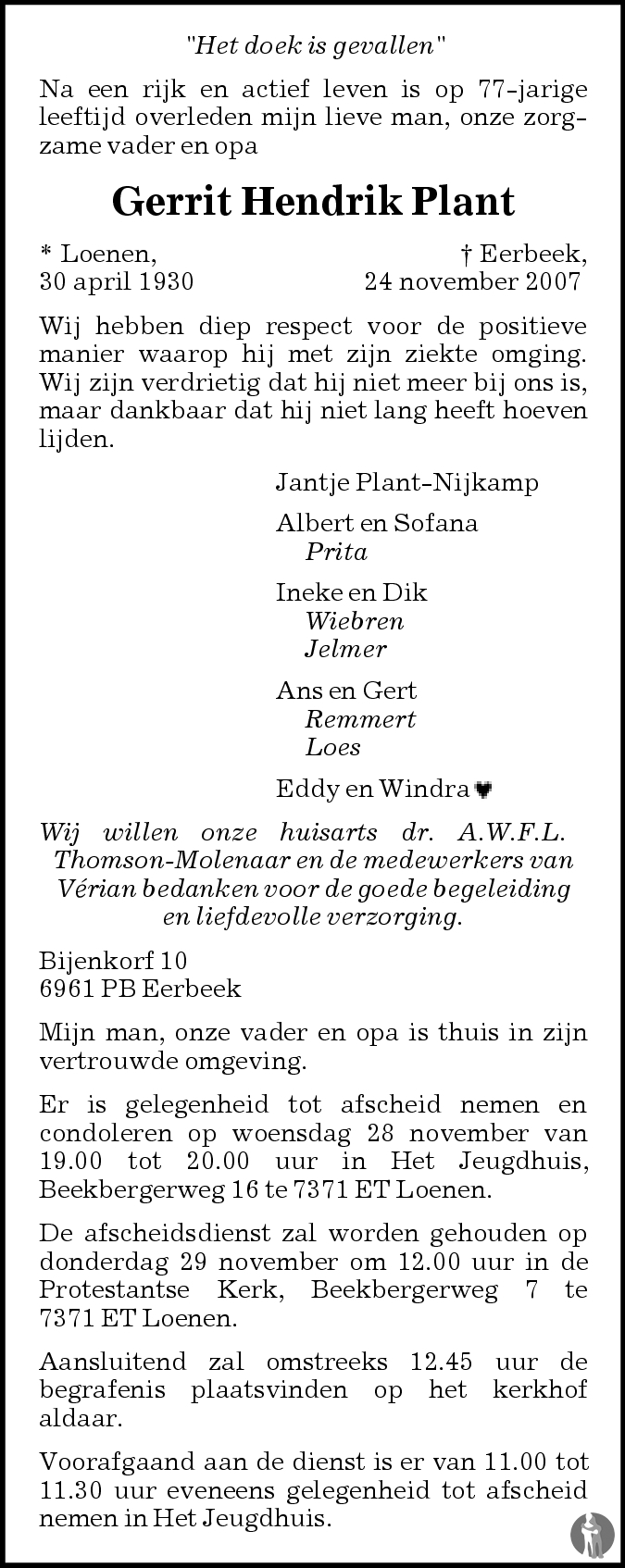 Gerrit Hendrik Plant 24-11-2007 overlijdensbericht en condoleances ...