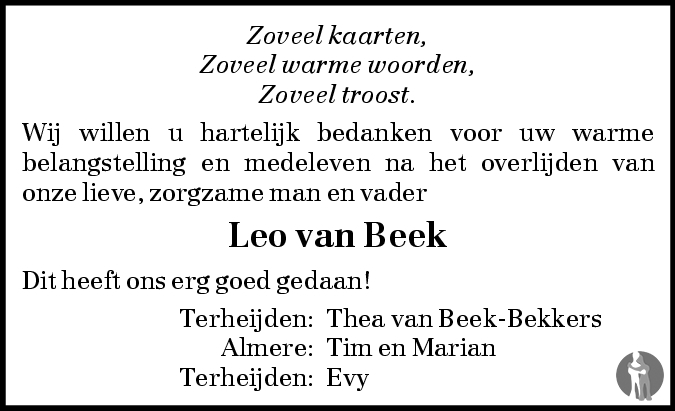 Leo van Beek 19-11-2007 overlijdensbericht en condoleances - Mensenlinq.nl
