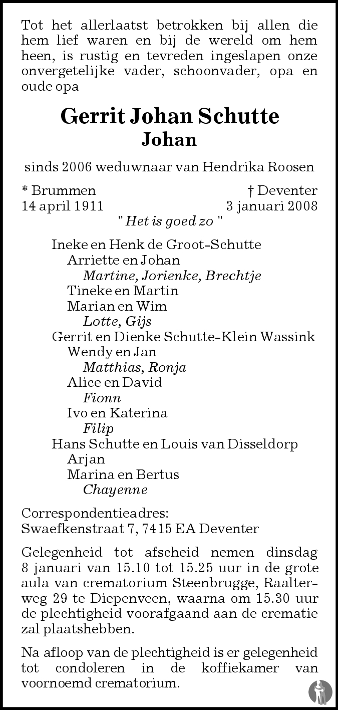 Gerrit Johan Schutte 03-01-2008 overlijdensbericht en condoleances - Mensenlinq.nl