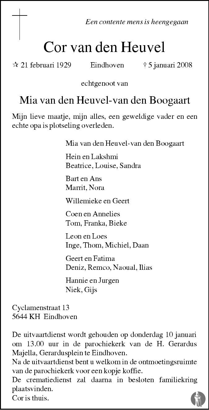 Cor van den Heuvel 05-01-2008 overlijdensbericht en condoleances ...