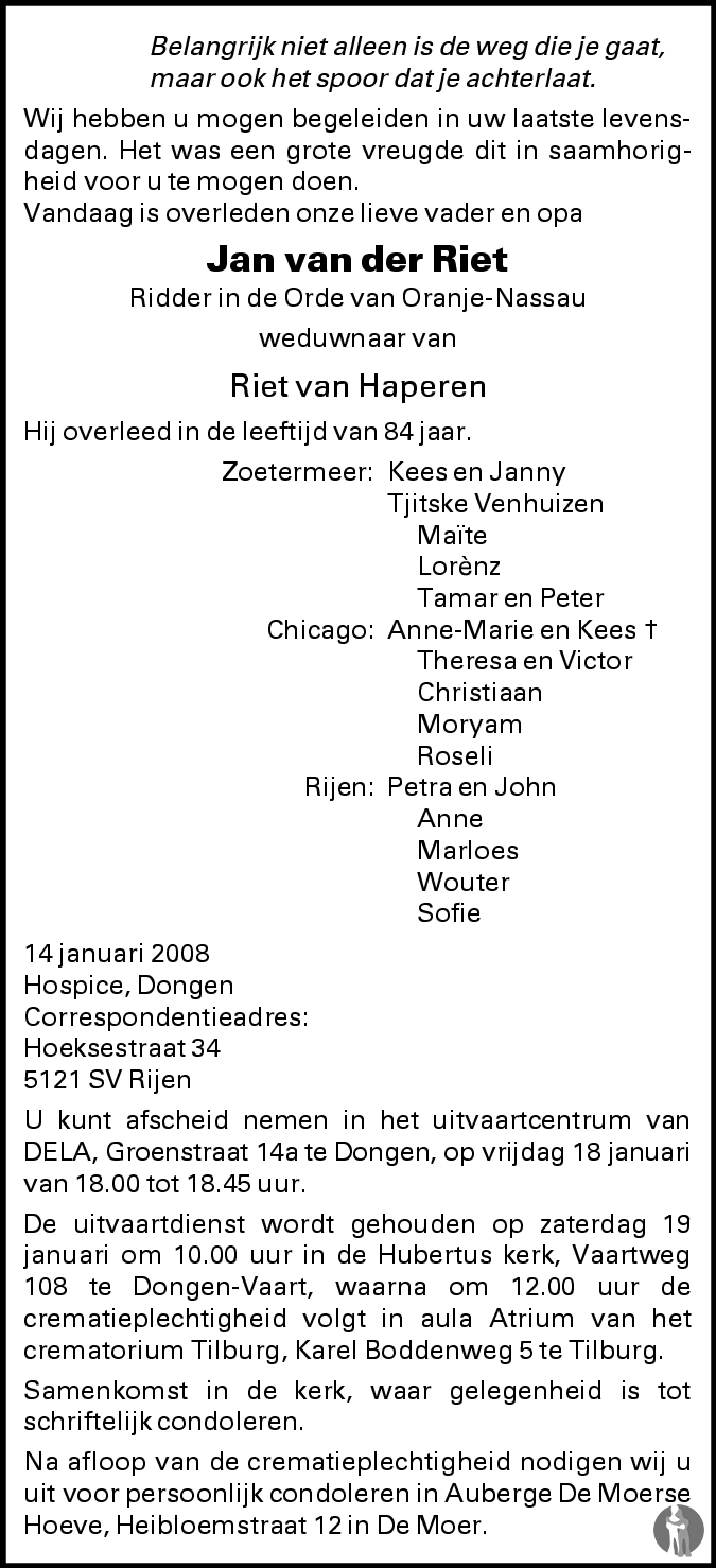Jan van der Riet 14-01-2008 overlijdensbericht en condoleances ...