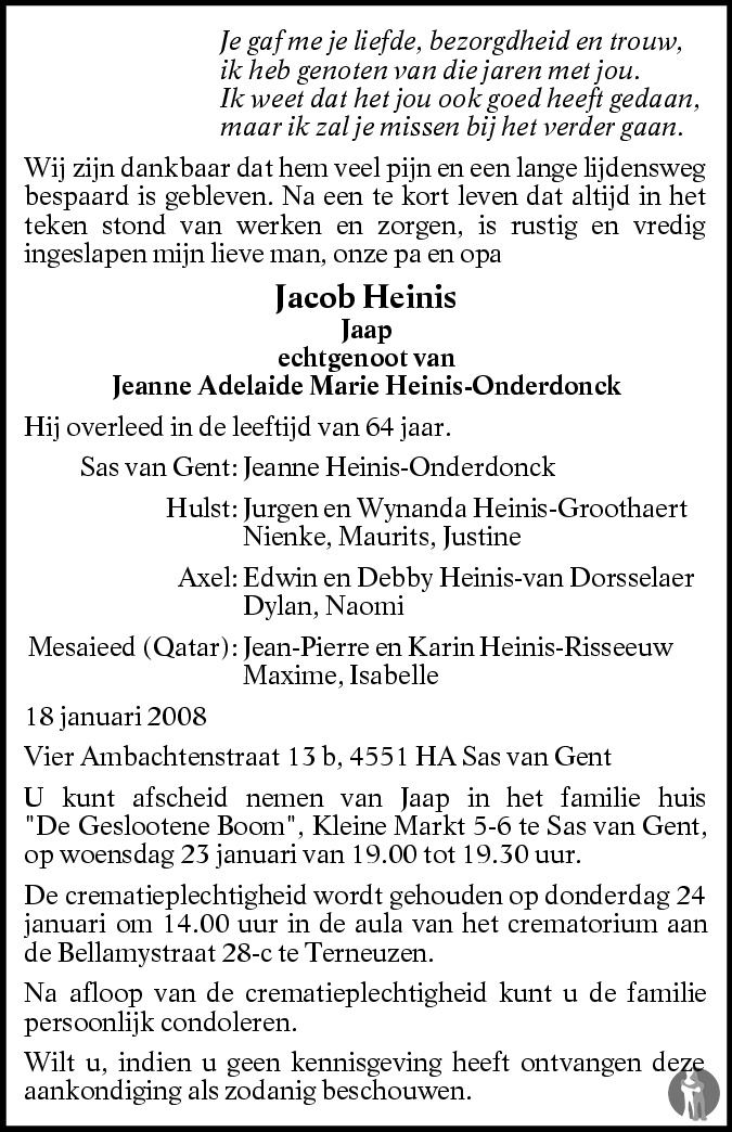 Jacob (Jaap) Heinis 18-01-2008 overlijdensbericht en condoleances ...