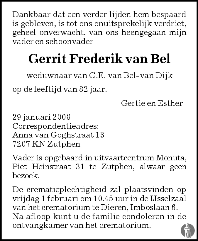 Gerrit Frederik van Bel 29-01-2008 overlijdensbericht en condoleances ...