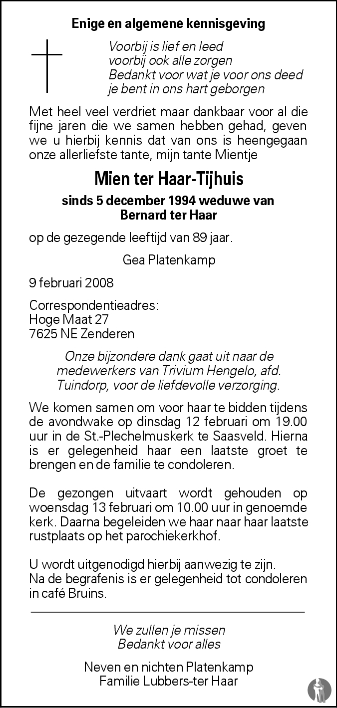 Mien ter Haar - Tijhuis 09-02-2008 overlijdensbericht en condoleances ...