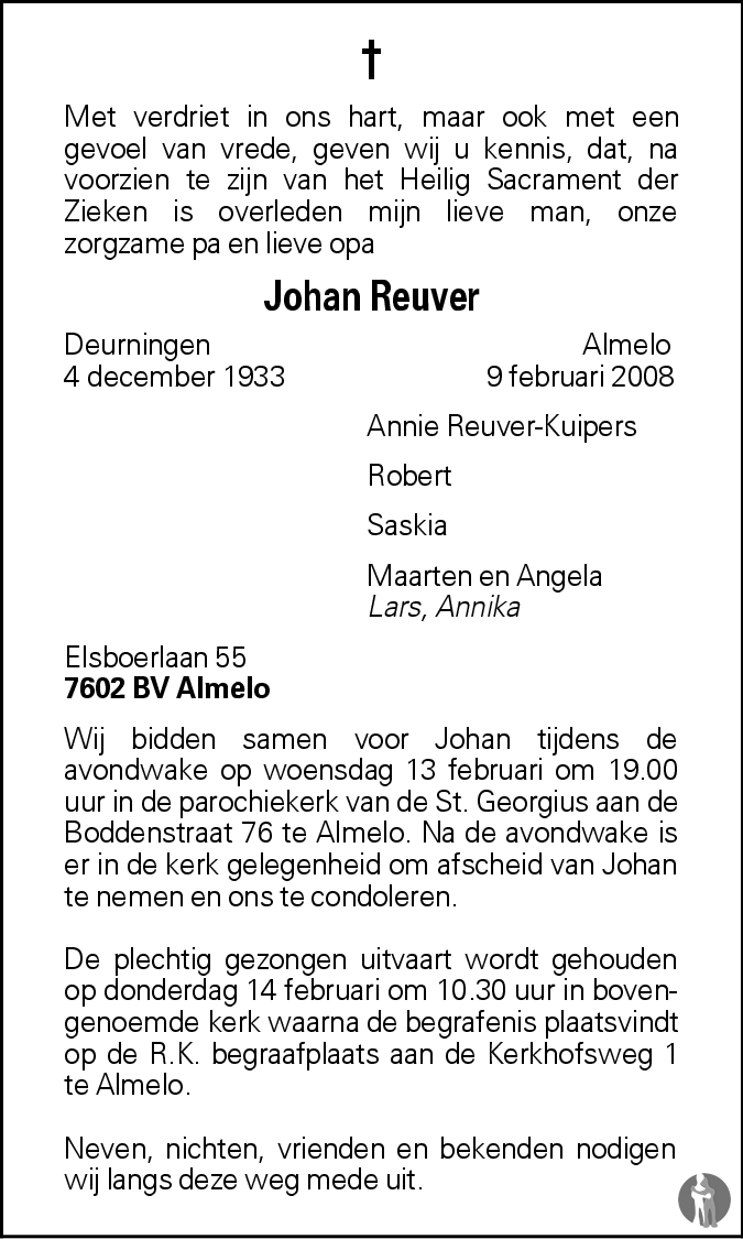 Johan Reuver 09-02-2008 overlijdensbericht en condoleances - Mensenlinq.nl