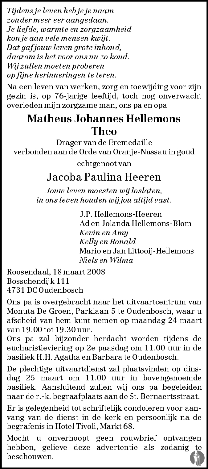 Matheus Johannes (Theo) Hellemons 18-03-2008 overlijdensbericht en ...