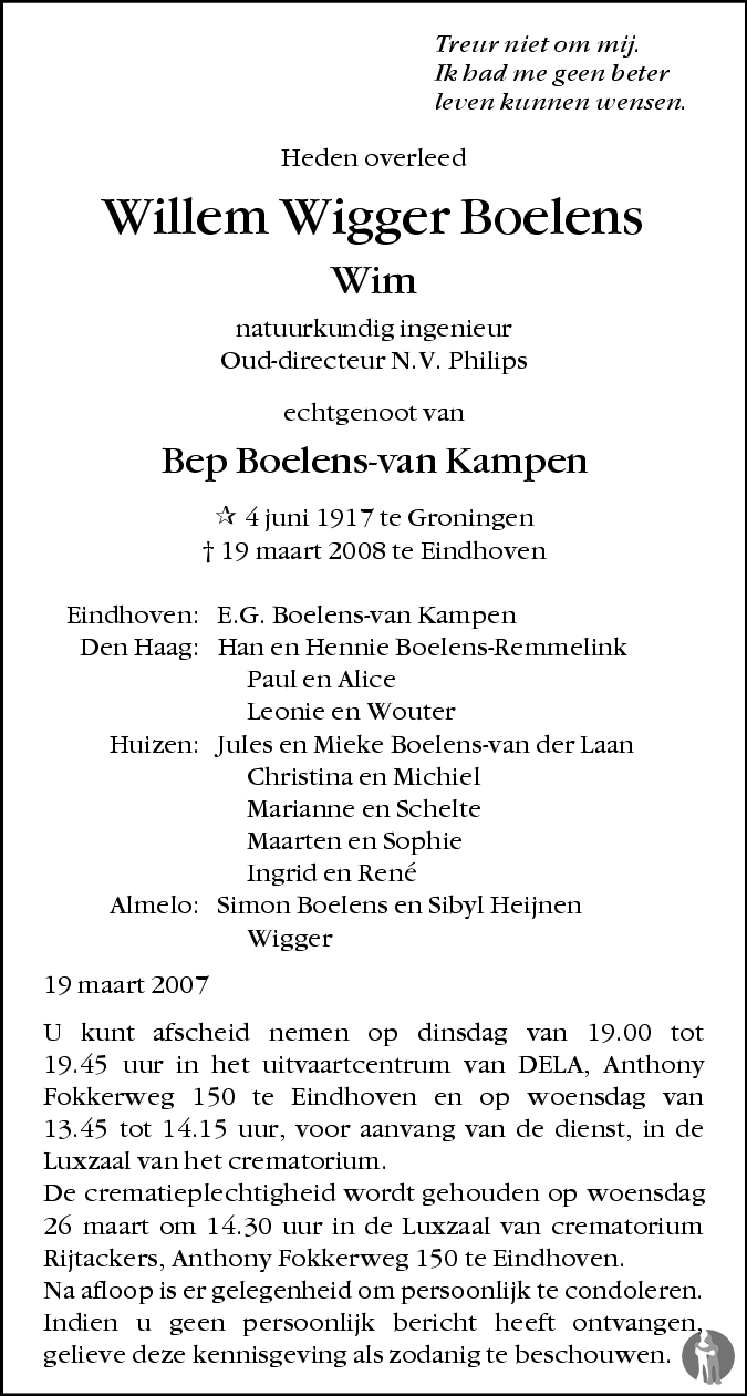 Willem Wigger (Wim) Boelens 19-03-2008 overlijdensbericht en ...