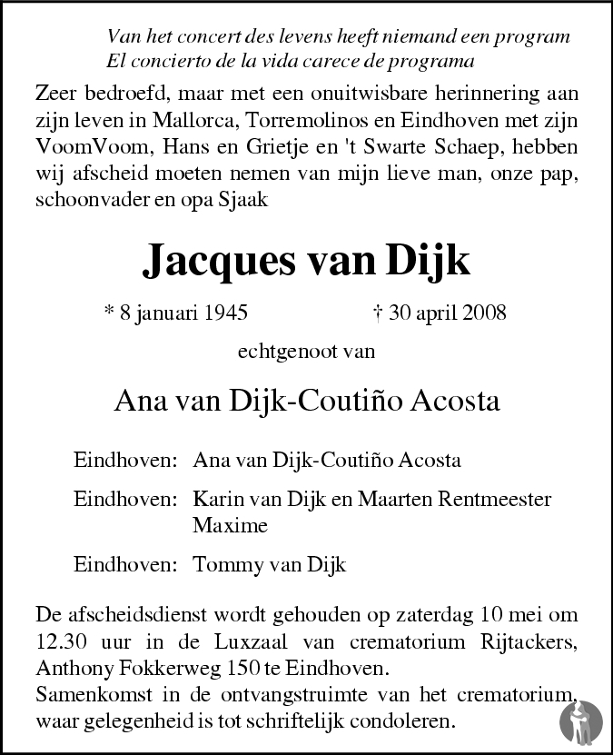Jacques van Dijk 30-04-2008 overlijdensbericht en condoleances ...