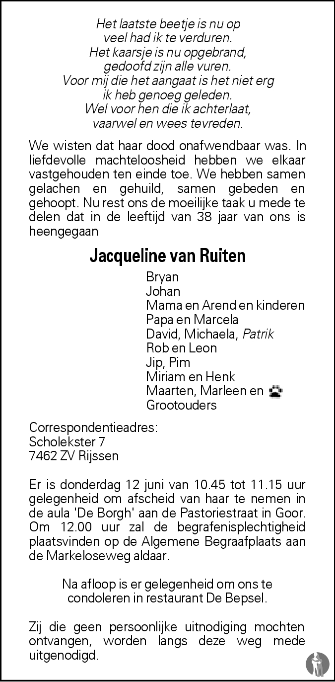 Jacqueline van Ruiten 08-06-2008 overlijdensbericht en condoleances ...