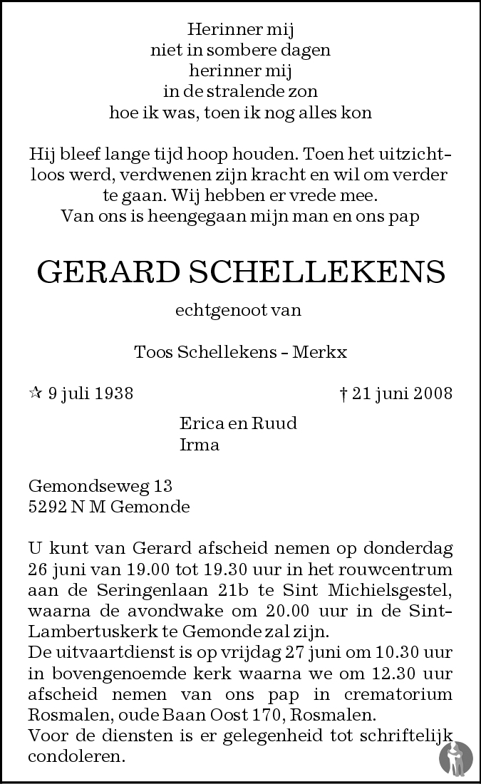Gerard Schellekens 21-06-2008 overlijdensbericht en condoleances ...