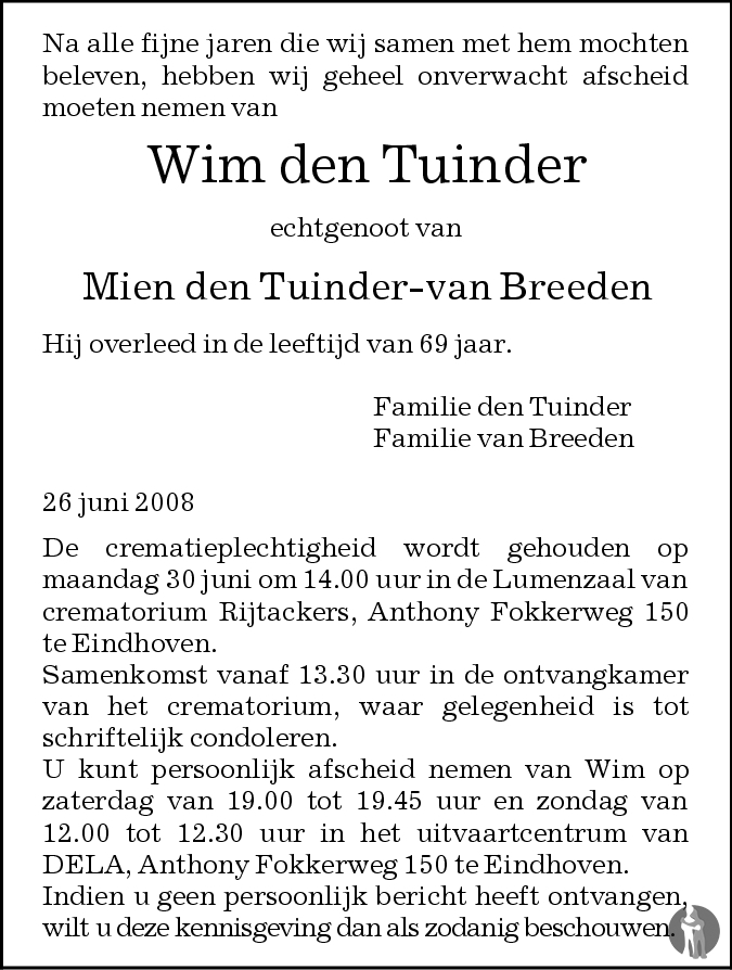 Wim den Tuinder 26-06-2008 overlijdensbericht en condoleances ...