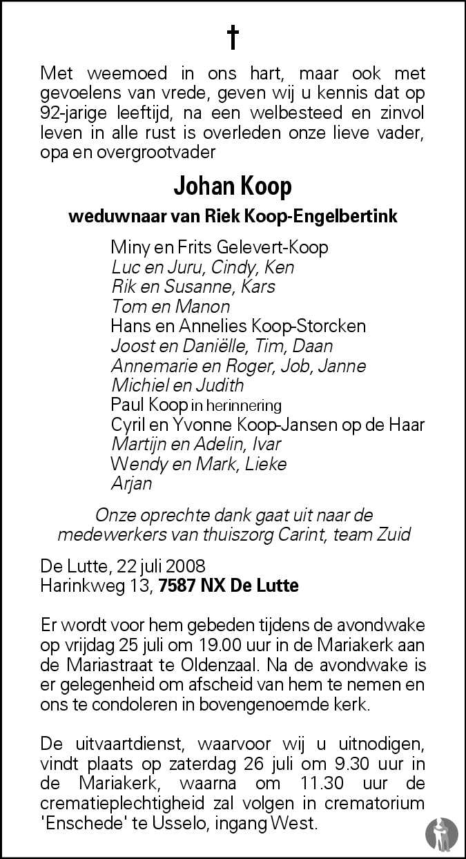 Johan Koop 22-07-2008 overlijdensbericht en condoleances - Mensenlinq.nl