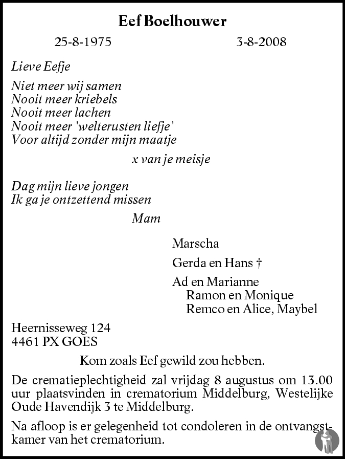 Eef Boelhouwer 03-08-2008 overlijdensbericht en condoleances ...