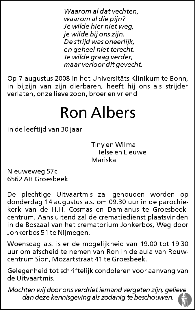 Ron Albers 07-08-2008 overlijdensbericht en condoleances - Mensenlinq.nl