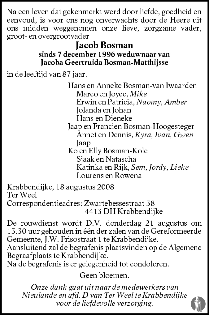 Jacob Bosman 18-08-2008 overlijdensbericht en condoleances - Mensenlinq.nl