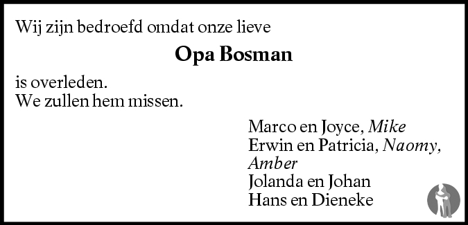 Jacob Bosman 18-08-2008 overlijdensbericht en condoleances - Mensenlinq.nl