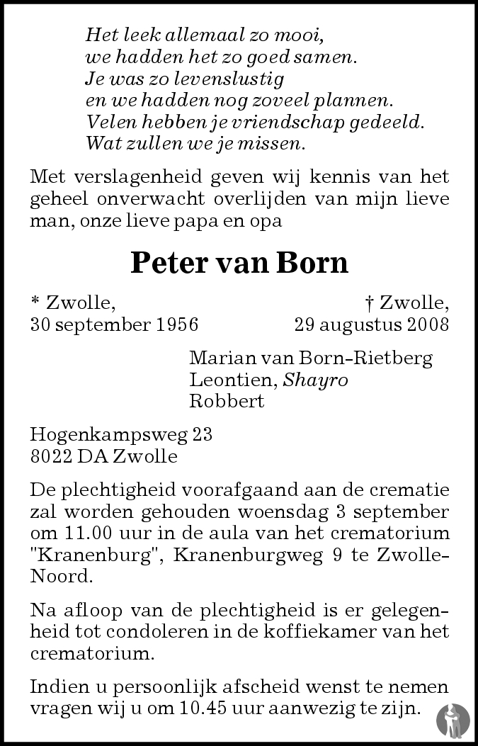 Peter van Born 29-08-2008 overlijdensbericht en condoleances ...
