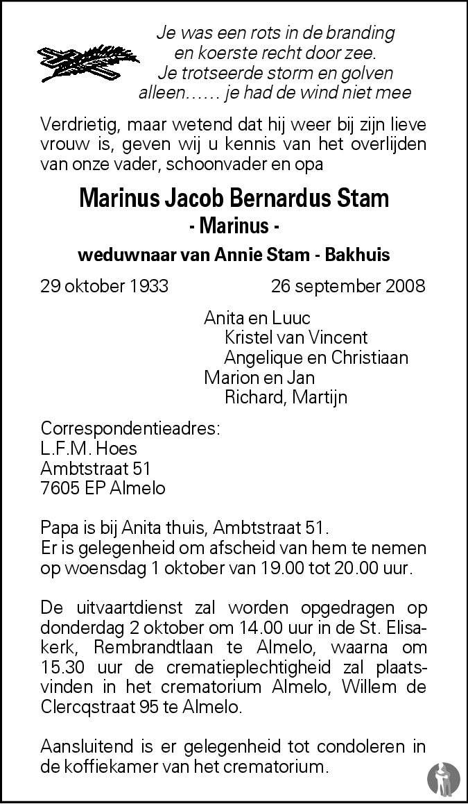 Marinus Jacob Bernardus (Marinus) Stam 26-09-2008 overlijdensbericht en ...