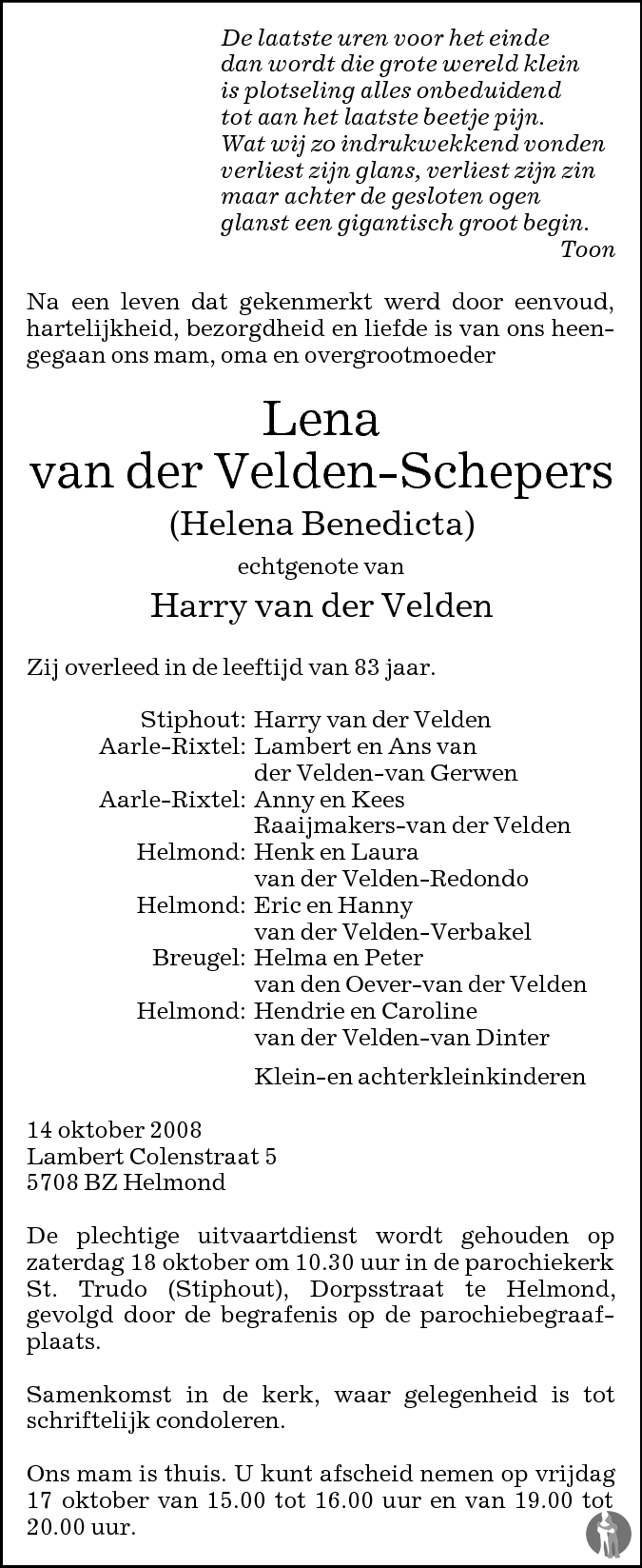 Helena Benedicta (Lena) van der Velden - Schepers 14-10-2008 ...