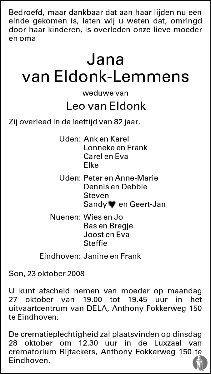 Jana van Eldonk - Lemmens 23-10-2008 overlijdensbericht en condoleances ...