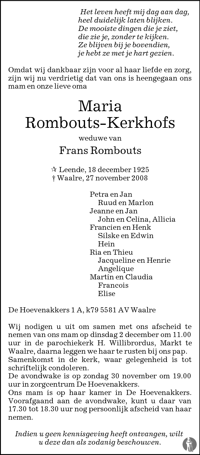Maria Rombouts - Kerkhofs 27-11-2008 overlijdensbericht en condoleances ...