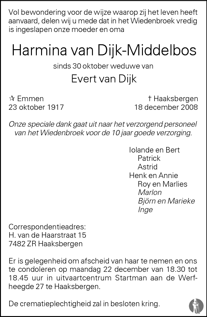 Harmina van Dijk - Middelbos 18-12-2008 overlijdensbericht en ...