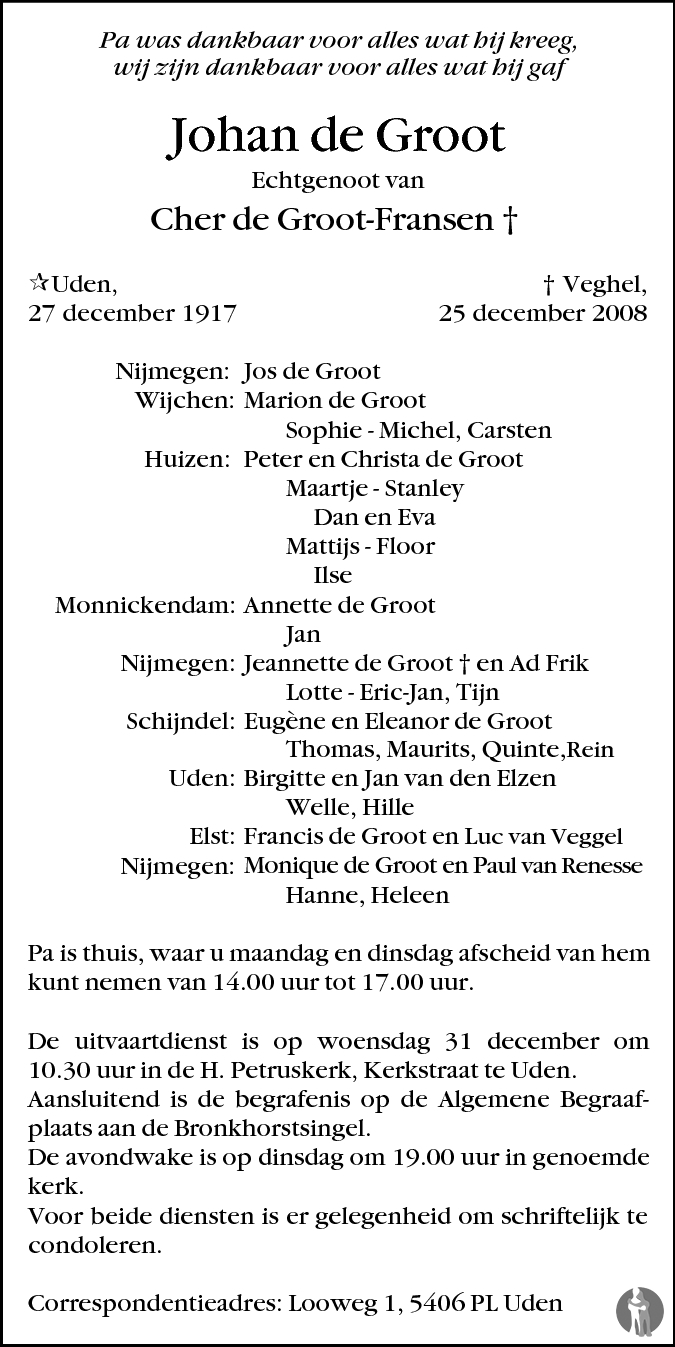 Johan de Groot 25-12-2008 overlijdensbericht en condoleances ...