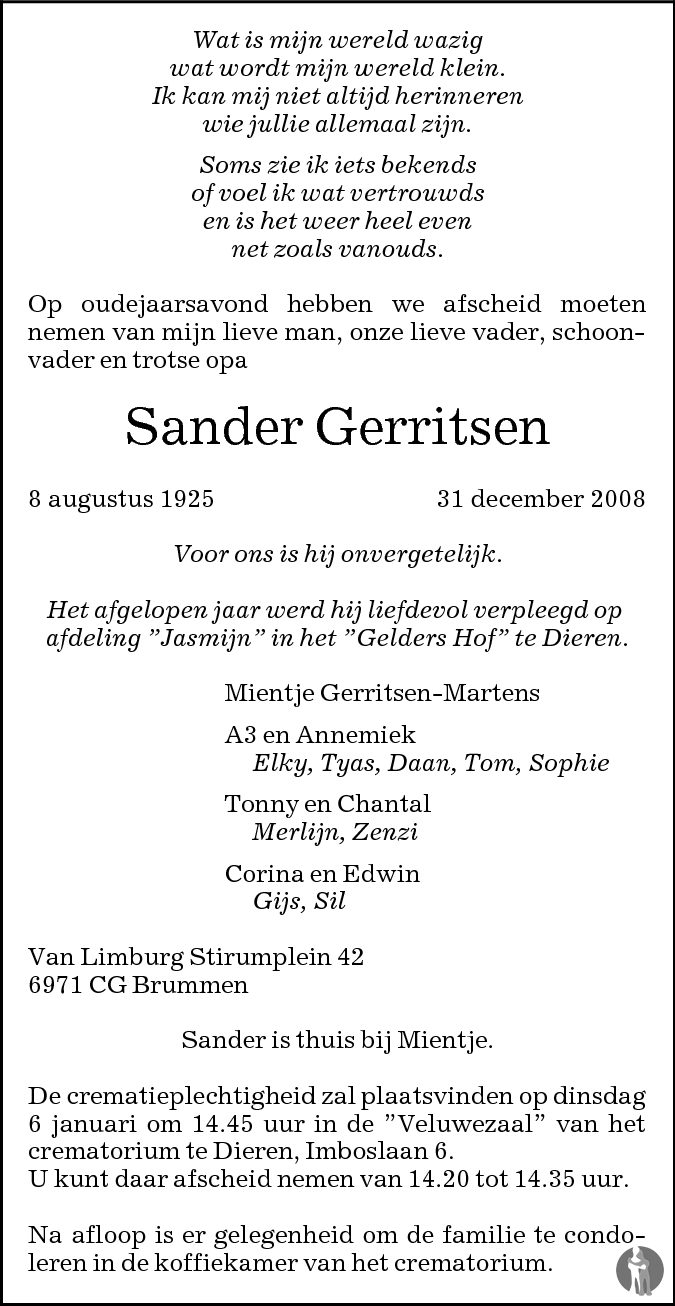 Sander Gerritsen 31-12-2008 overlijdensbericht en condoleances ...