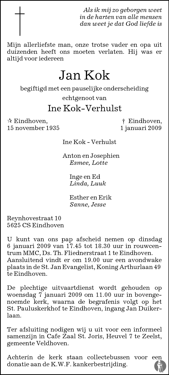 Jan Kok 01-01-2009 overlijdensbericht en condoleances - Mensenlinq.nl