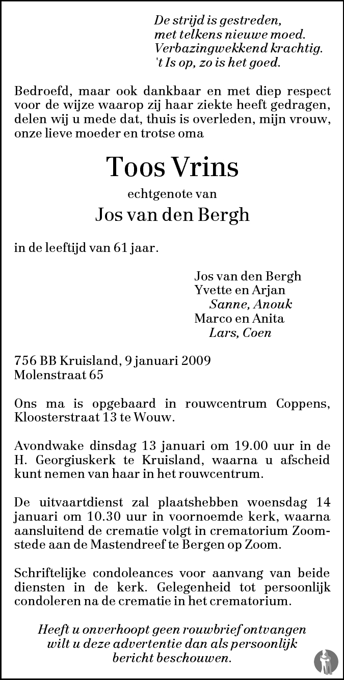Toos van den Bergh - Vrins 09-01-2009 overlijdensbericht en ...