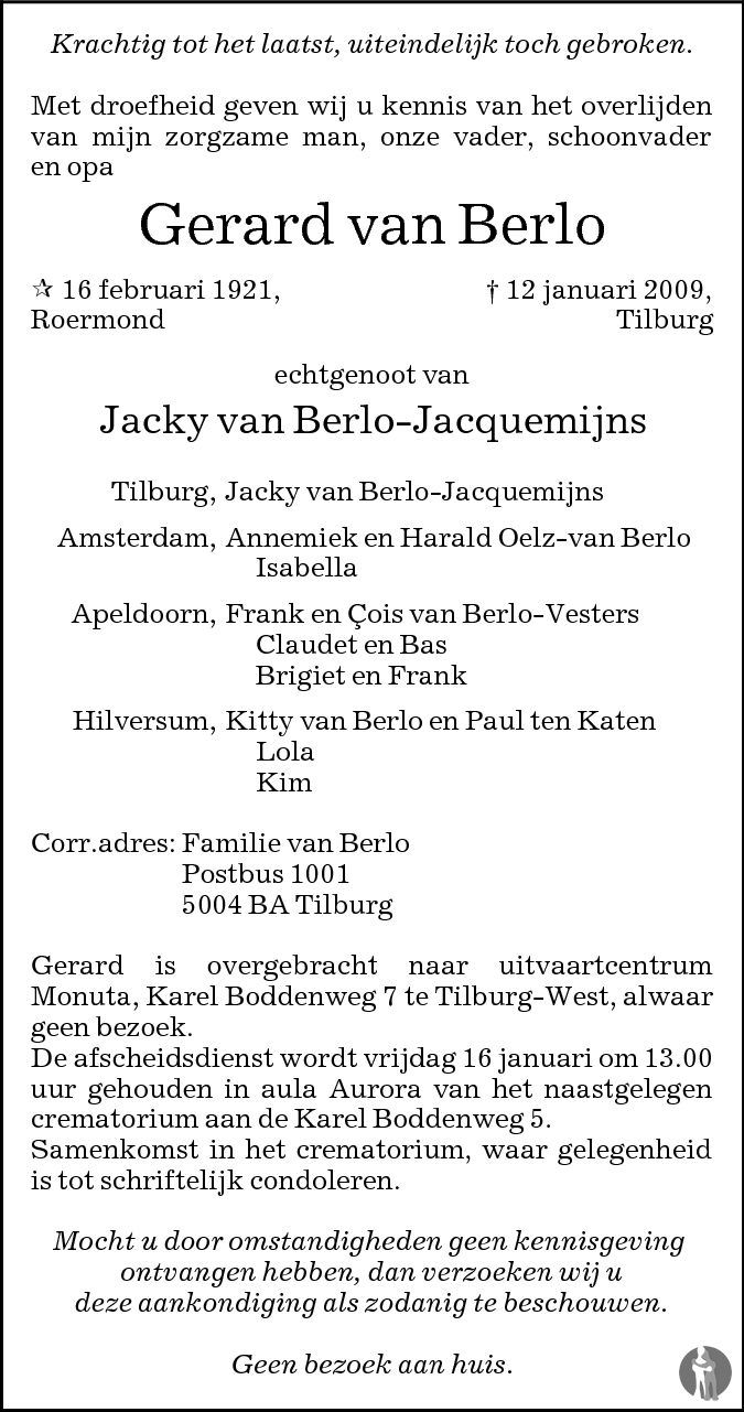 Gerard van Berlo 12-01-2009 overlijdensbericht en condoleances ...