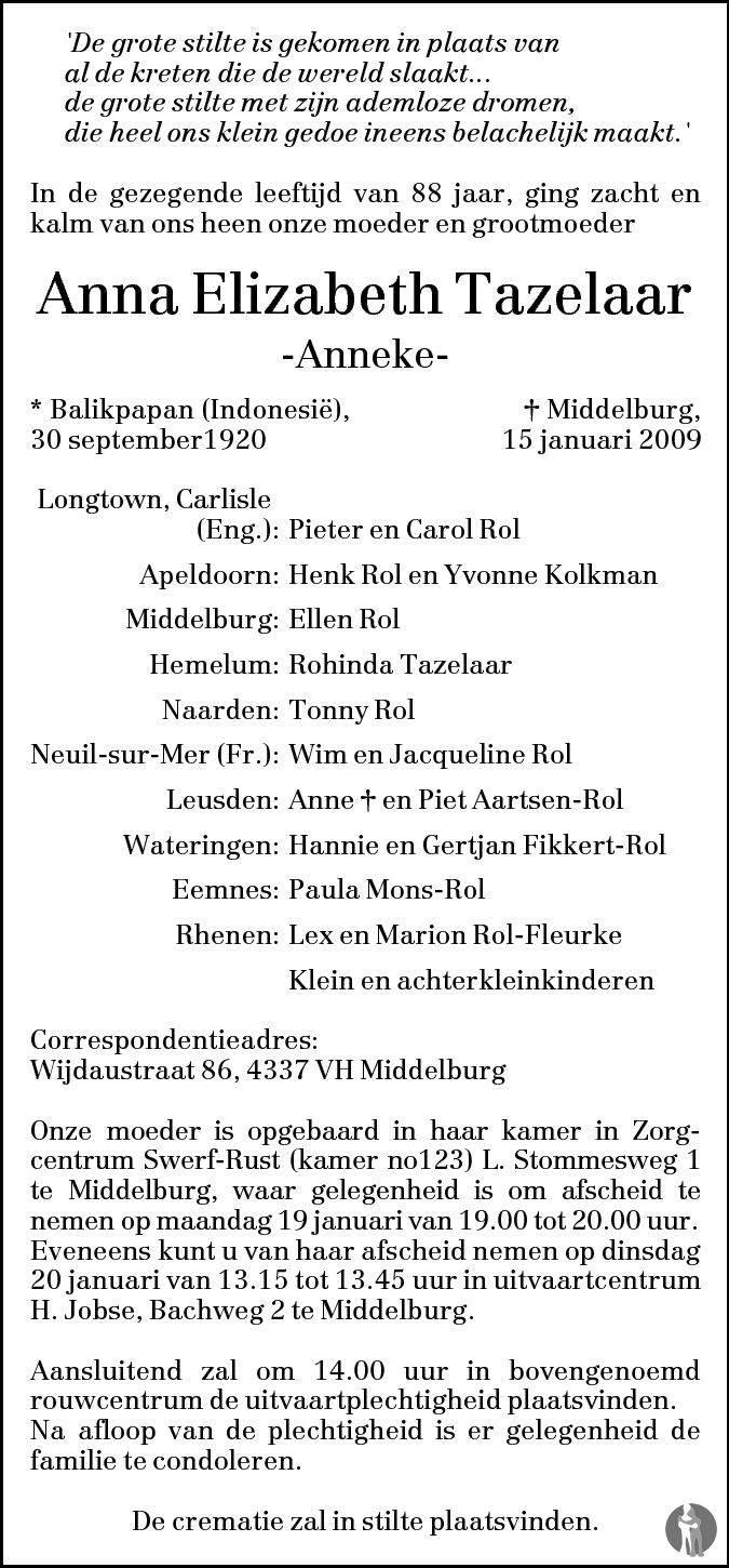 Anna Elizabeth (Anneke) Tazelaar 15-01-2009 overlijdensbericht en ...