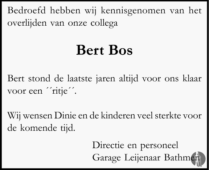 Bert Bos 27-01-2009 overlijdensbericht en condoleances - Mensenlinq.nl