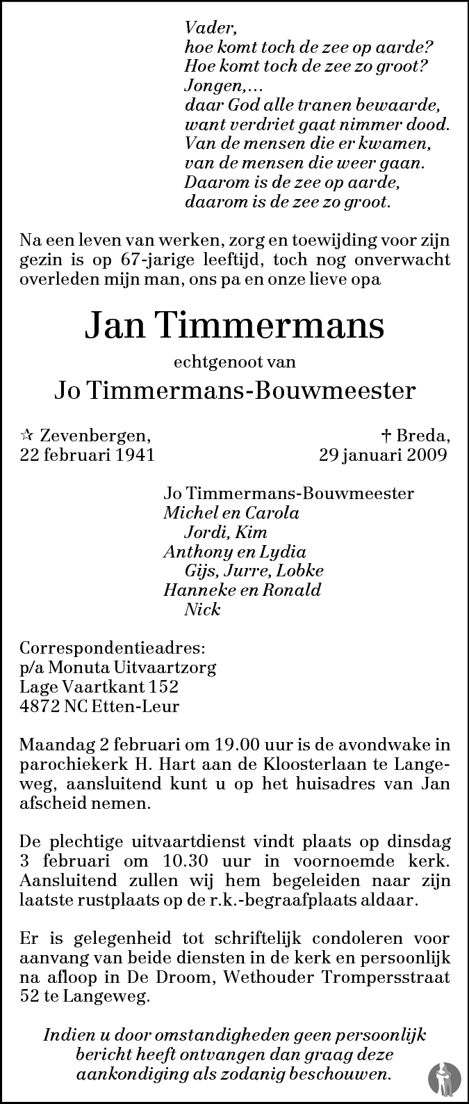 Jan Timmermans 29-01-2009 overlijdensbericht en condoleances ...