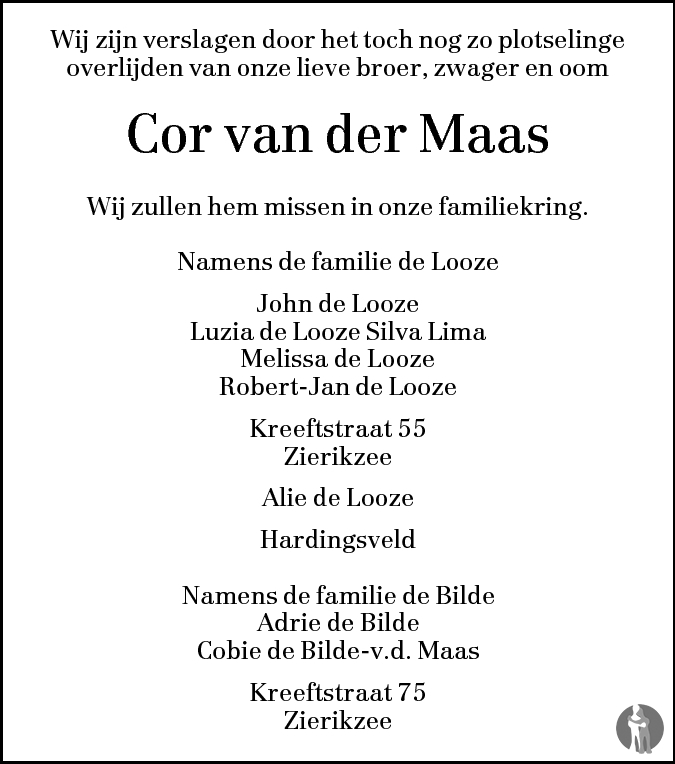 Cornelis Pieter (Cor) van der Maas 02-02-2009 overlijdensbericht en ...