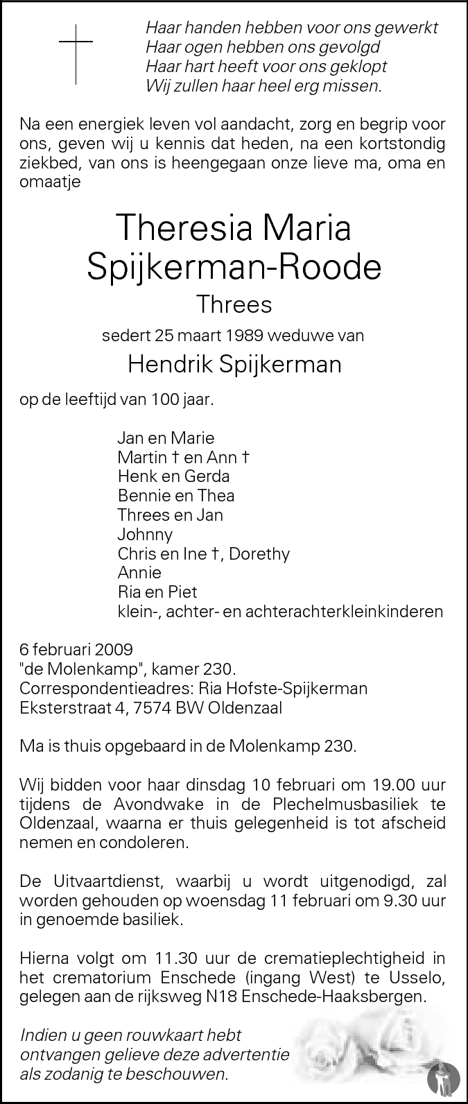 Theresia Maria (Threes) Spijkerman - Roode 06-02-2009 ...