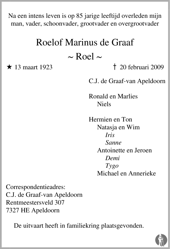 Roelof Marinus (Roel) de Graaf 20-02-2009 overlijdensbericht en ...