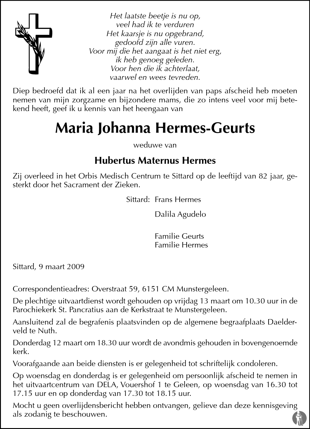 Maria Johanna Hermes - Geurts 09-03-2009 overlijdensbericht en ...