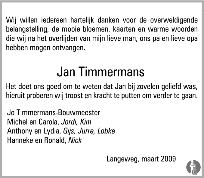 Jan Timmermans 29-01-2009 overlijdensbericht en condoleances ...