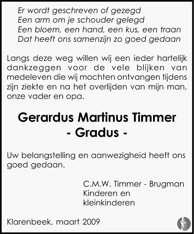 Gerardus Martinus (Gradus) Timmer 23-02-2009 overlijdensbericht en ...