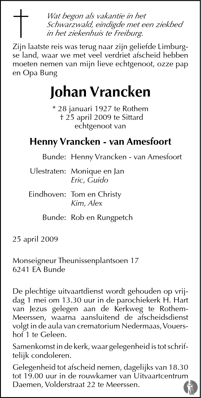 Johan Vrancken 25-04-2009 overlijdensbericht en condoleances ...
