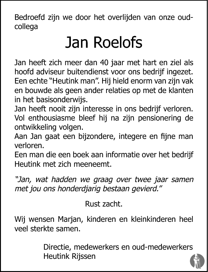 Jan Willem Roelofs 27-04-2009 overlijdensbericht en condoleances - Mensenlinq.nl