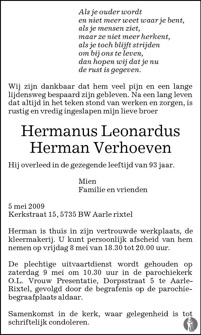 Hermanus Leonardus (Herman) Verhoeven 05-05-2009 overlijdensbericht en ...