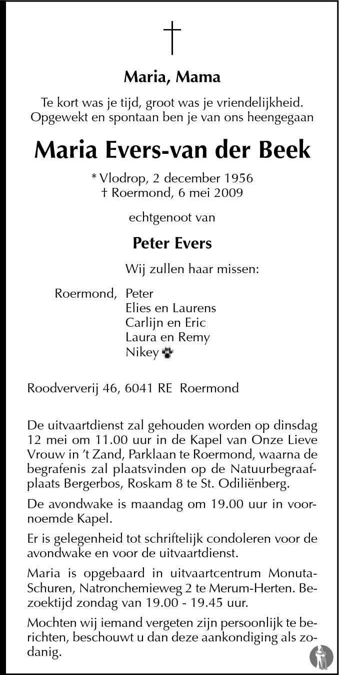 Maria Evers - van der Beek 06-05-2009 overlijdensbericht en ...