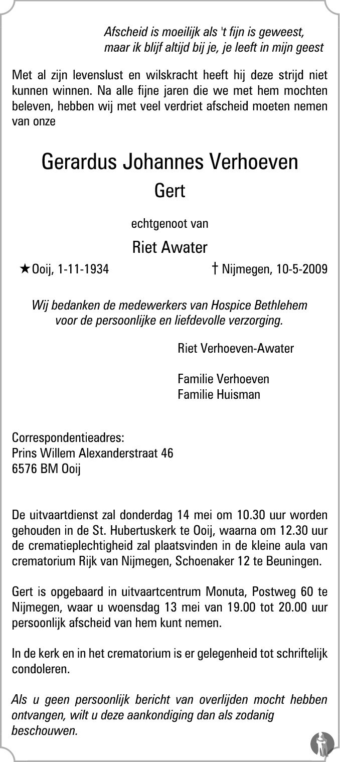 Gerardus Johannes (Gert) Verhoeven 10-05-2009 overlijdensbericht en ...