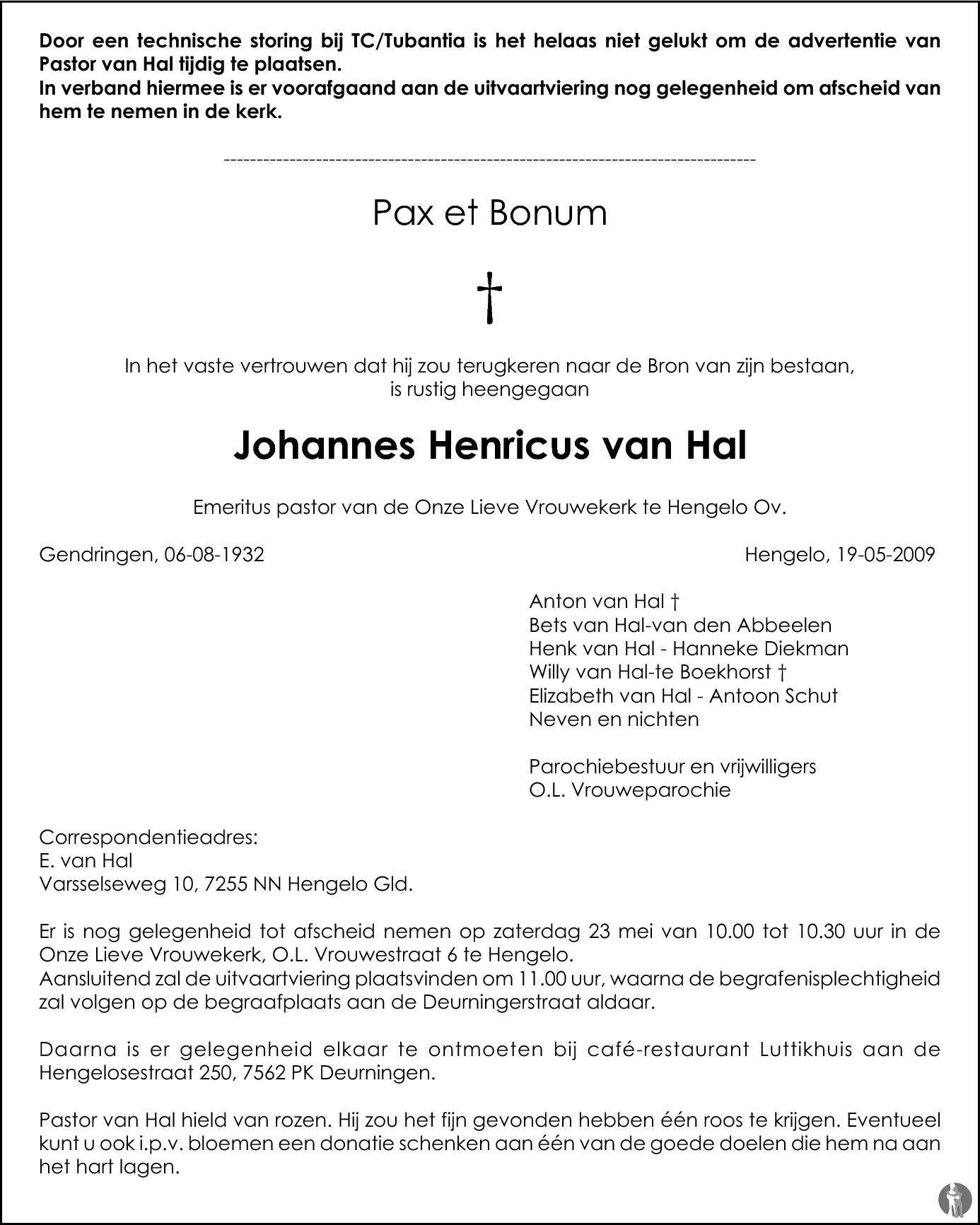 Johannes Henricus (Pastor Jan) van Hal 19-05-2009 overlijdensbericht en ...