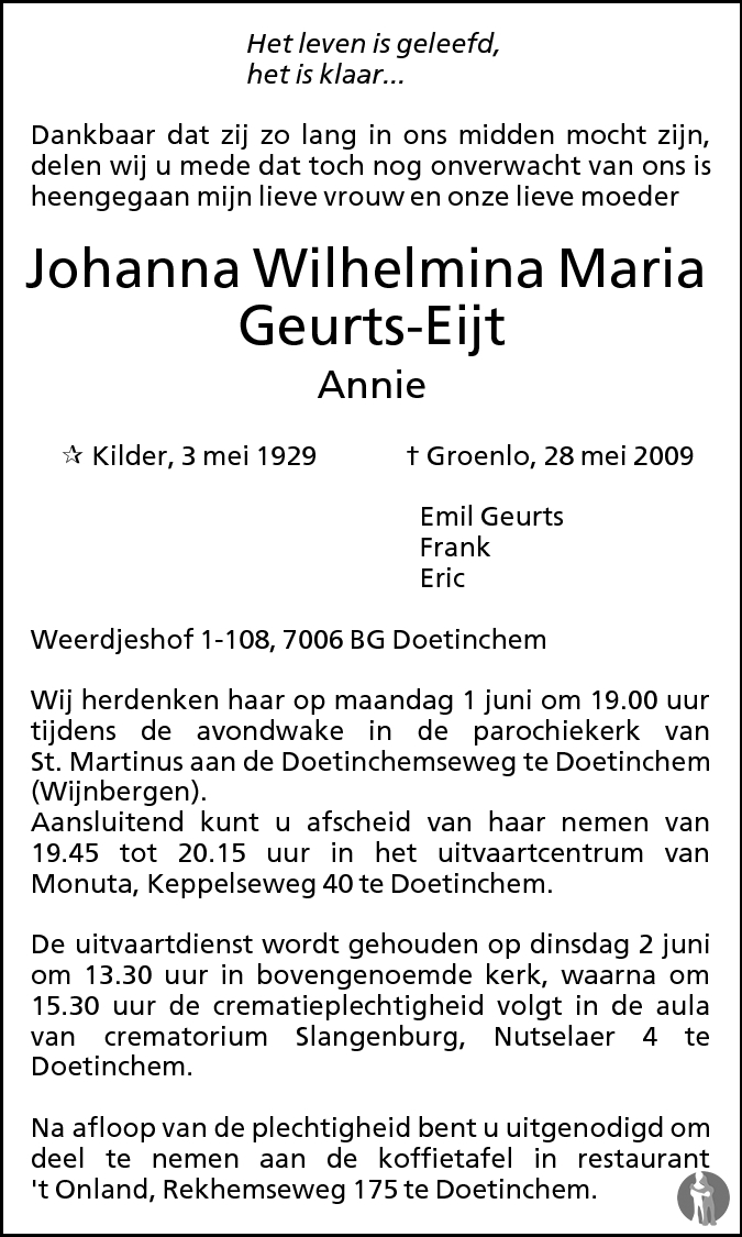 Johanna Wilhelmina Maria (Annie) Geurts - Eijt 28-05-2009 ...
