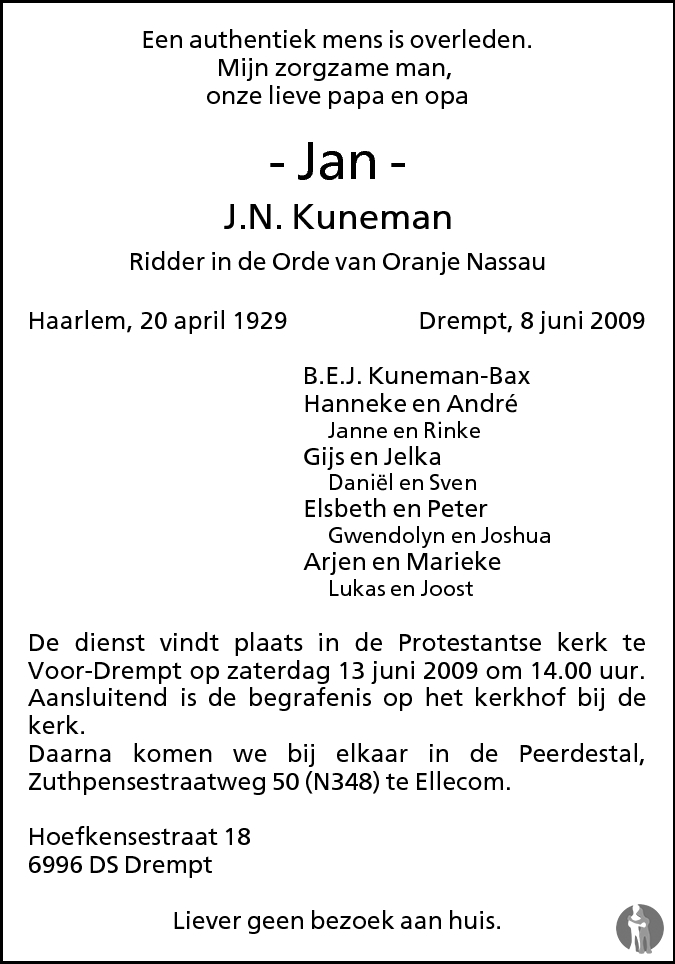 J.N. Jan Kuneman 08-06-2009 overlijdensbericht en condoleances ...