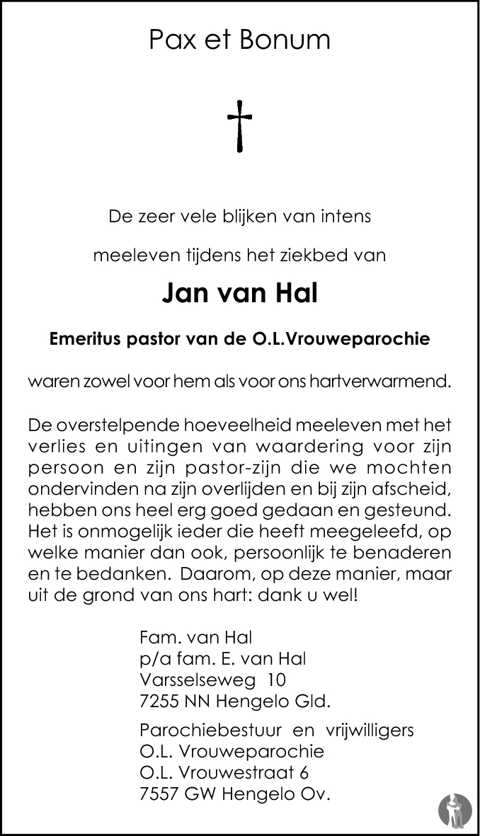 Johannes Henricus (Pastor Jan) van Hal 19-05-2009 overlijdensbericht en ...